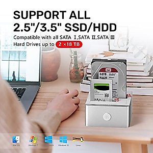 Unitek Aluminum USB 3.0 to SATA Dual Bay External Hard Drive Docking Station with UASP for 2.5 / 3.5-inch HDD SSD, Hard Drive Duplicator/Offline Clone Function (2 x 18TB Support)-Silver