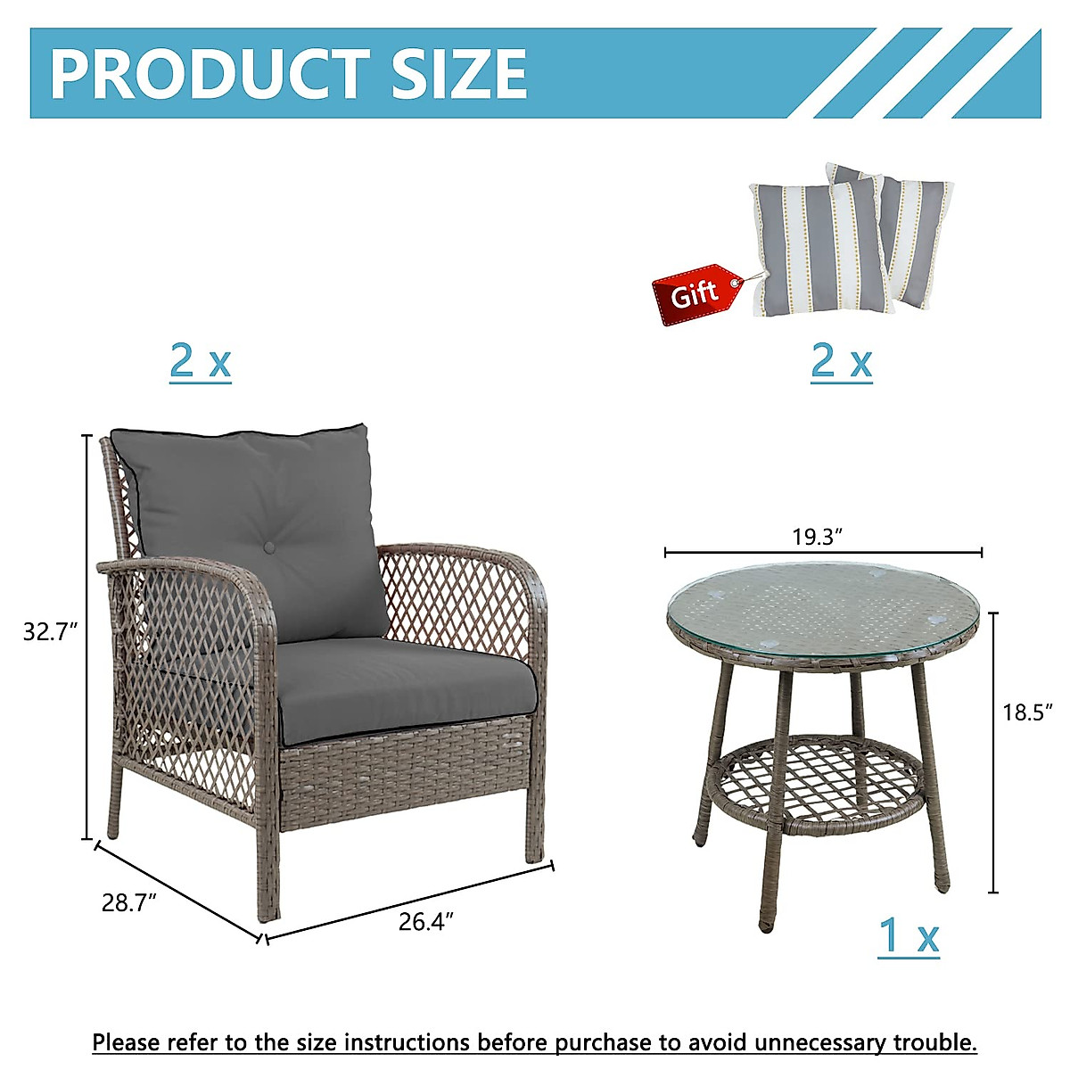 FYRICKYLINOO 3 Pieces Patio Conversation Set Outdoor Patio Furniture Sets All Weather PE Rattan Wicker Porch Sofa Single Chairs with 2 PCS Pillows & Coffee Table for Garden Backyard（Grey Cushions