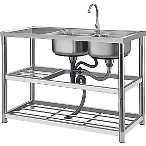 Double Bowl Kitchen Sink Set, Free Standing Double Bowl Kitchen Sinks Utility Restaurant Kitchen Sink for Restaurant, Kitchen, Garage