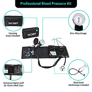 Scian Aneroid Sphygmomanometer and Dual Head Stethoscope Set with Blood Pressure Cuff 8.7”-16.5” in Carrying Bag for Doctos Nurses Senior Home Use (Black)