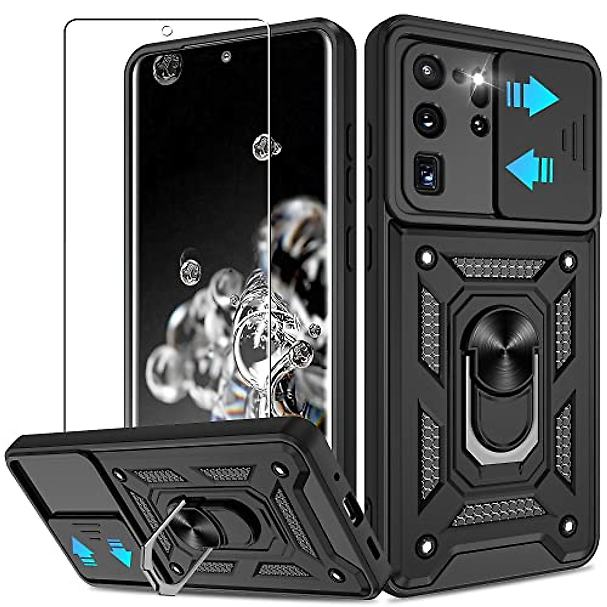 Atump for Samsung Galaxy S20 Ultra Case with HD Screen Protector, Heavy Duty with 360° Rotation Metal Kickstand [Military Grade] Protective Case for Gaxy S20 Ultra 5G, Black