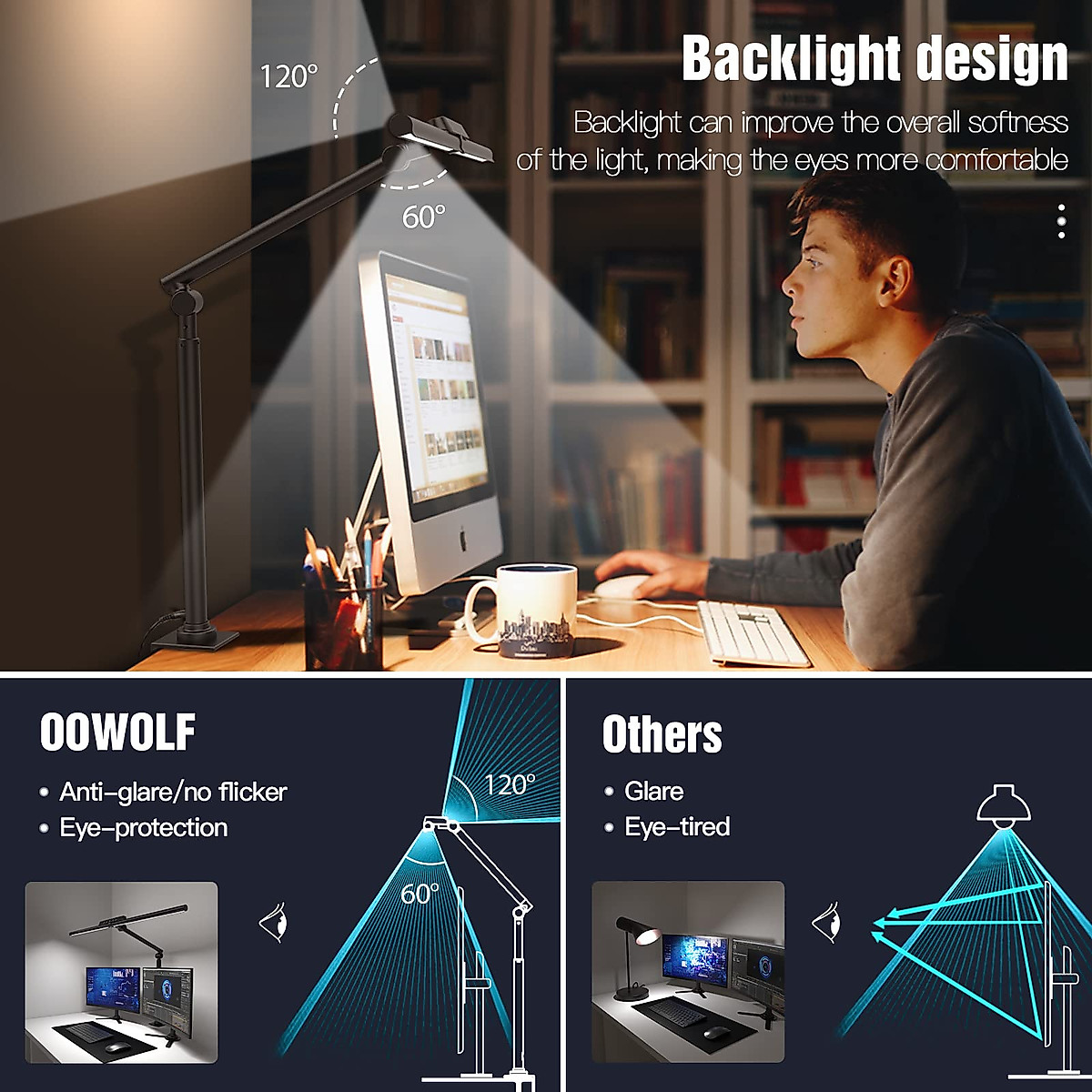 OOWOLF CRI 95 LED Task Lamp with Clamp, 24W Super Bright Desk Lamp, 168 Pcs SMD LED, Metal 32" Wide Lamp, Stepless Brightness Dimmable, Task LED Light for Home Office, Workbench, Architect, Eye-Caring