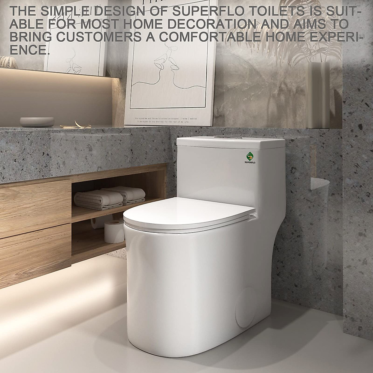 SUPERFLO One Piece Toilet Elongated Comfort Height Toilets, Standard 12" Rough-in & 0.8/1.28 GPF Dual Flush, Siphonic Flush Small Toilets for Small Bathroom with Side Holes