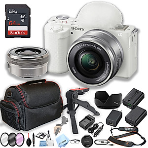 Sony ZV-E10 (White) Mirrorless Camera with 16-50mm Lens + 64GB Memory + Case+ Steady Grip Pod + Filters + 2X Batteries + More (30pc Bundle)