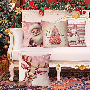 GAGEC Christmas Pillow Covers 18x18 Inch Set of 4 Santa Claus Christmas Tree Throw Pillow Covers Red Nose Reindeer Xmas Winter Pillowcase Home Decor Living Room Decorative Cushion Case for Sofa