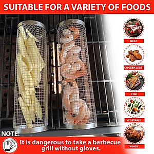 Sunmikosh Rolling Grilling Basket - Barbecue Portable Roll Grill Basket for Outdoor Camping - Stainless Steel BBQ Net Tube Grill Basket, Suitable For Fish, Kabob, Meat, Vegetables, French Fries