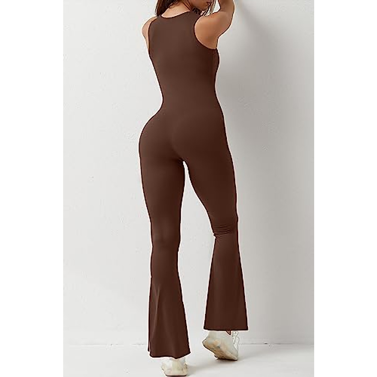 QINSEN Jumpsuit for Women Wide Leg Full Length Leggings Sexy Sleeveless Tank Flare Playsuit Coffee S