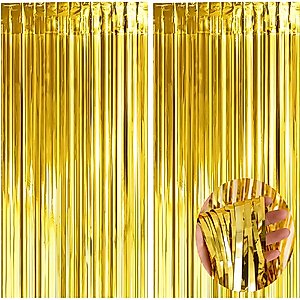 XIKSXITN 2 Pack Gold Fringe Curtains Backdrop, 3.2ftx 8.2ft Gold Streamers, Fringe Backdrop for Photo Booth Wedding Graduations Birthday Party Backdrop