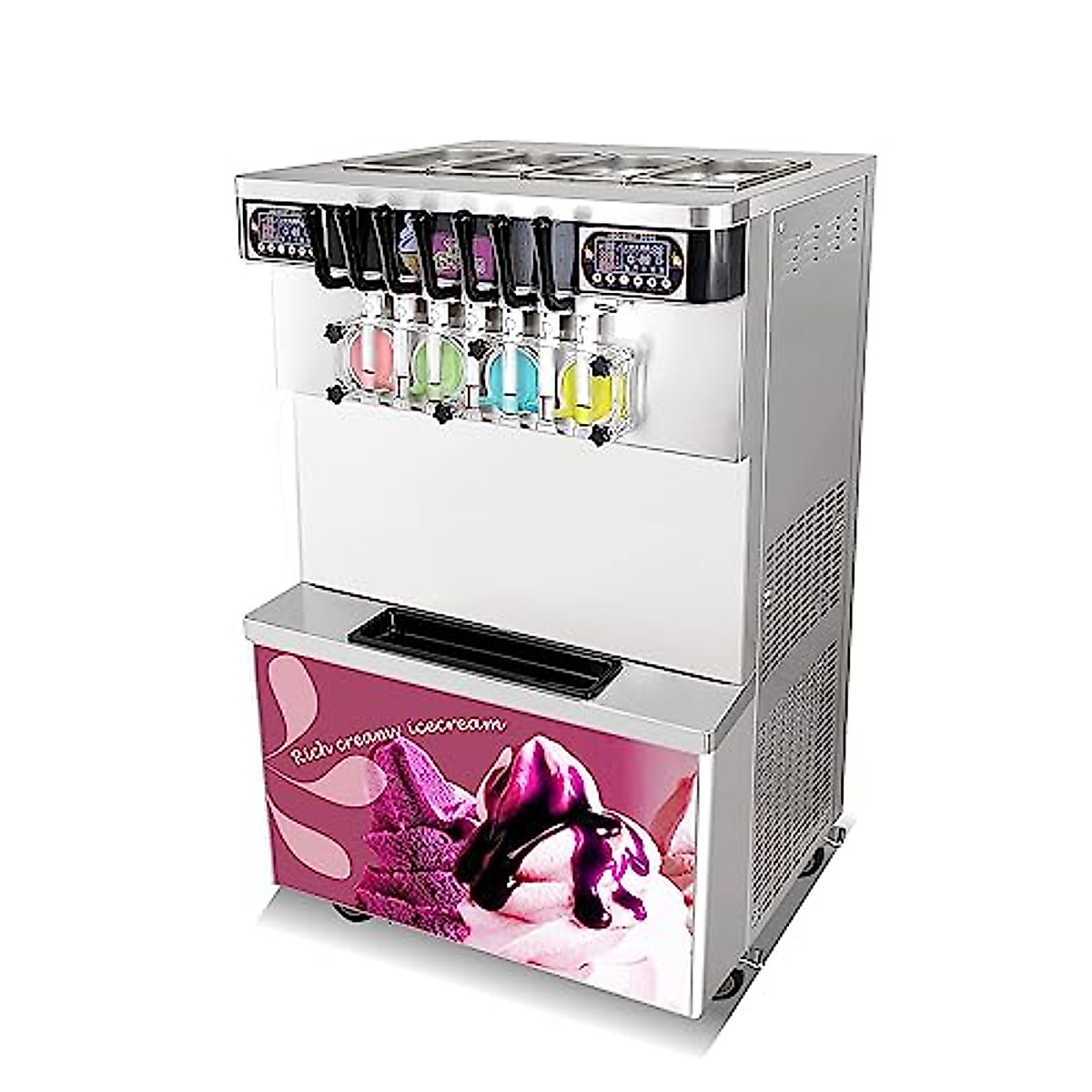 Kolzayier ETL Commercial 7(4+3 Mixed) Flavors Soft Ice Cream Machine,Floor Style Heavy Duty Soft Serve Ice Cream Maker,17 gallon/Hour,Upper Tanks Refrigerated,full Transparent Dispenser Set