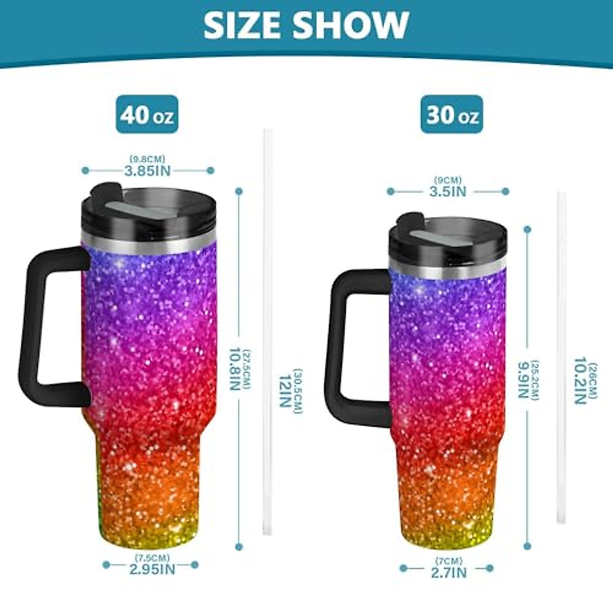 Yasala Car Tumbler with Handle Rainbow Glitter Shine Travel Mug Coffee Cup Insulated Beverage Container Mega Cup for Hot Cold Drinking Thermos Water Bottle Cupholder Friendly 40 oz