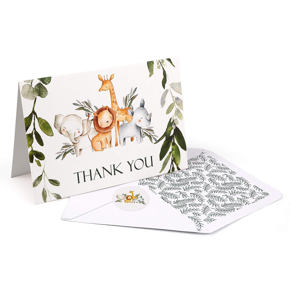50 Pack Jungle Safari Greenery Thank You Cards, Cute Thank You Notes with Envelopes & Stickers, Baby Shower, Birthday any Occasion Large Size 4x6 Gratitude For Party, Children Stationery
