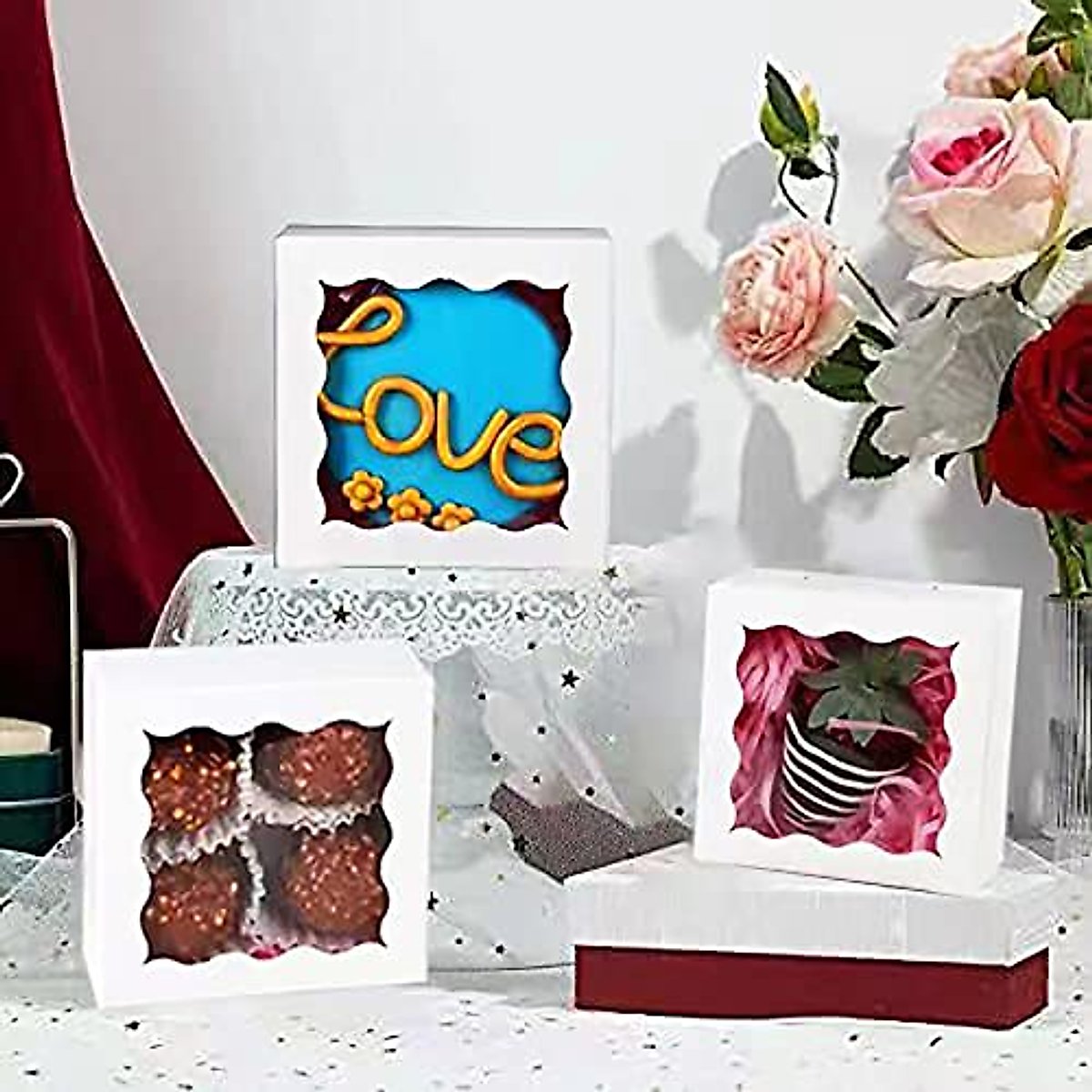 RomanticBaking 3 1/4" x 3 1/4" x 1 1/2" 50PCS Chocolate Truffle Boxes for 4，Cookies Boxes Soap Boxes Donut Boxes Macaron Boxes Mini Bakery Boxes with Window Brownie Boxes