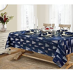 Newbridge Navy Blue and Silver Fancy Metallic Christmas Trees Fabric Holiday Tablecloth, Xmas Tree Contemporary Soil Resistant Easy Care Tablecloth, 60” x 84” Oblong/Rectangle Navy/Silver