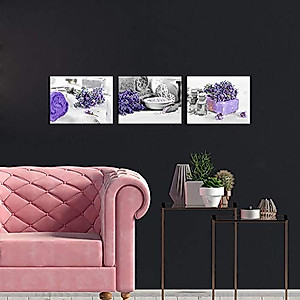 SkenoArt 3 Piece Black and White Wall Art Purple Lavender Flower Pictures Spa Treatment Salt and Towel Artwork Print on Canvas for Bathroom Salon Spa Room Decoration Framed Ready to Hang 12"x16"x3pcs