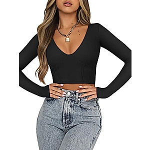 REORIA Women's Fall Sexy Casual Deep V Neck Double Lined Long Sleeve Tight Tops Tees Slim Fitted Cute Y2K Trendy Going Out Party Crop Top Black Large