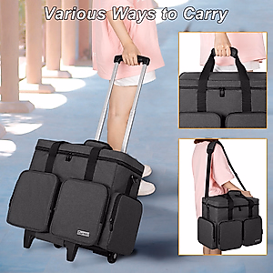 CURMIO Rolling Scrapbook Tote on Wheels, Scrapbook Storage Bag with Detachable Trolley and Bottom Wooden Board, Rolling Craft Bag for Scrapbooking Supplies, Black