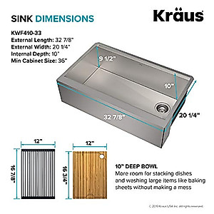 KRAUS Kore™ Workstation 33-inch Farmhouse Flat Apron Front 16 Gauge Single Bowl Stainless Steel Kitchen Sink with Accessories and WasteGuard™ Continuous Feed Garbage Disposal, KWF410-33-100-75MB
