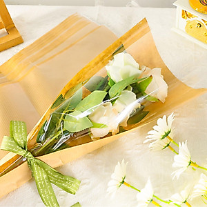 VOCAON 50PCS Flower Bouquet Wrapping Paper with Ribbon, Kraft Packing Sleeves for Bouquets Clear Floral Wrapping Bags Bulk for Graduation Anniversary Wedding Birthday Gift 17.9x9.8x3.9 Inches