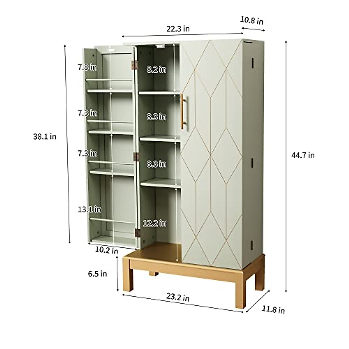 HOLTICO 45'' Kitchen Pantry Cabinet,Storage Cabinet with Doors and Adjustable Shelves,Food Pantry Cabinet for Kitchen,Dining Room,Living Room and Garage,Gold Lines and Legs,Green Cabinet.