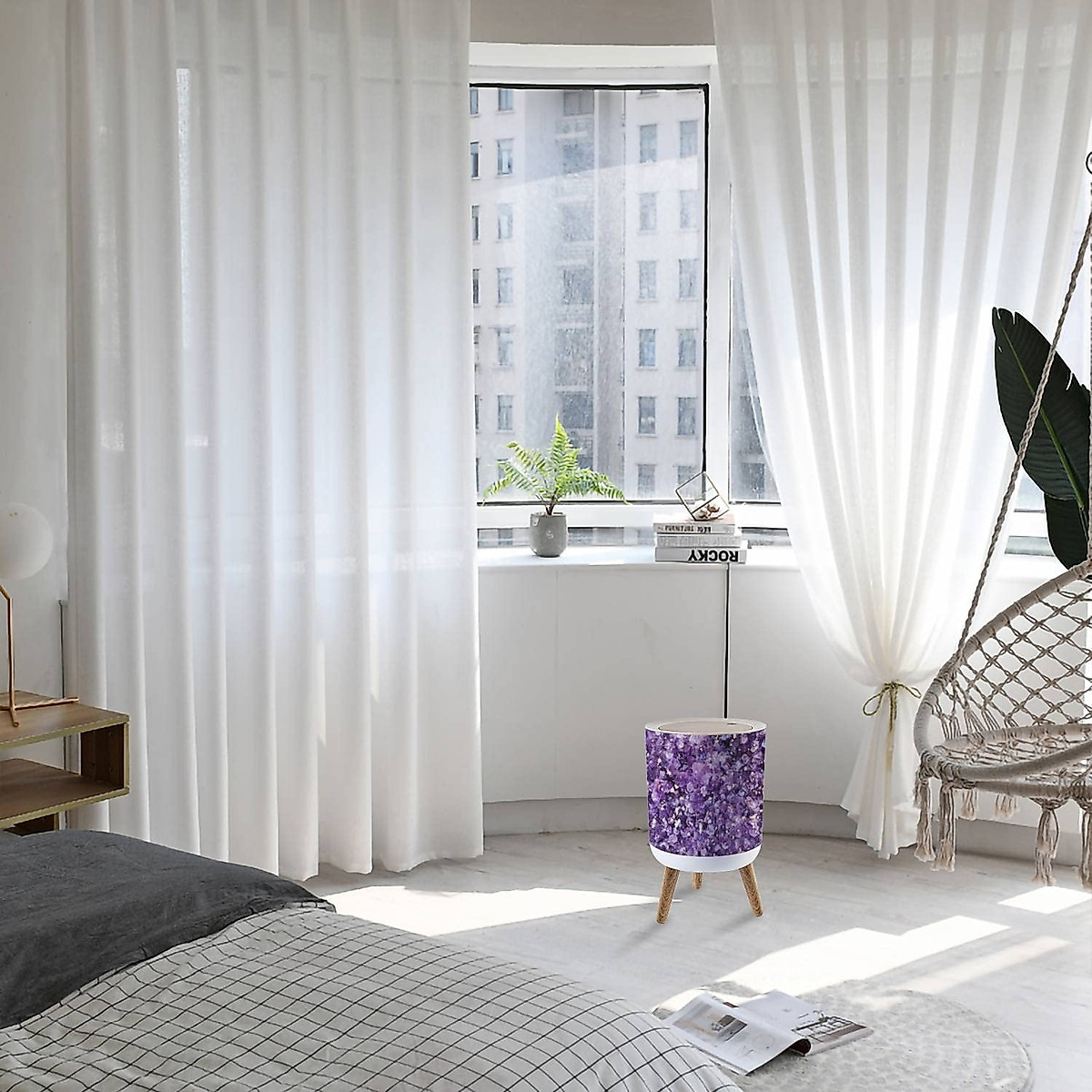 IBPNKFAZ89 Small Trash Can with Lid Violet Purple Amethyst Quartz Crystal Geode Garbage Bin Wood Waste Bin Press Cover Round Wastebasket for Bathroom Bedroom Office Kitchen, 8.66x14.3inch