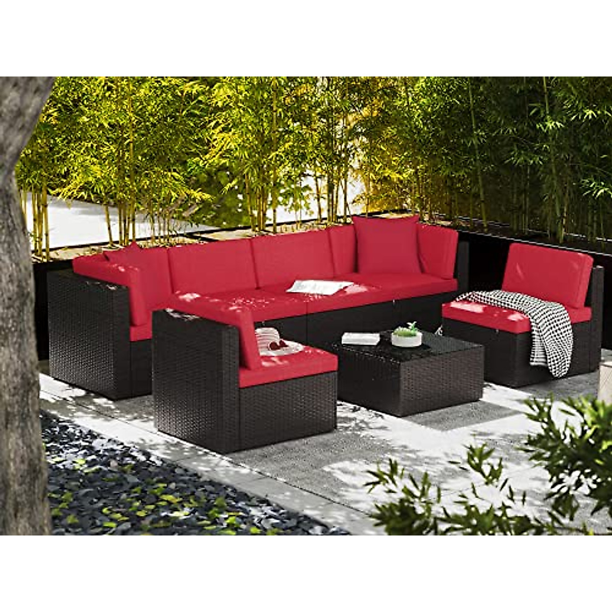 Greesum Patio Furniture Sets 7 Piece Outdoor Wicker Rattan Sectional Sofa with Cushions, Pillows & Glass Table, Red