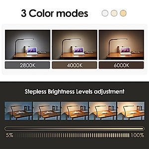 Desk Lamp with Clamp,Swing Arm Eye-Care LED Light Dimmable with 3 Color Modes Stepless Brightness, Adjust Gooseneck Lamp for Architect Home Office Workbench, 360 Degree Memory Metal Table Light