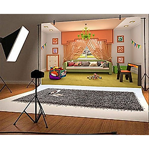CSFOTO Polyester 7x5ft Kids Room Backdrop Crystal Chandeliers Orange Curtain Sofa Desk Block Word Cosy Video Backdrops Background Home Office Decor Backdrops for Video Recording