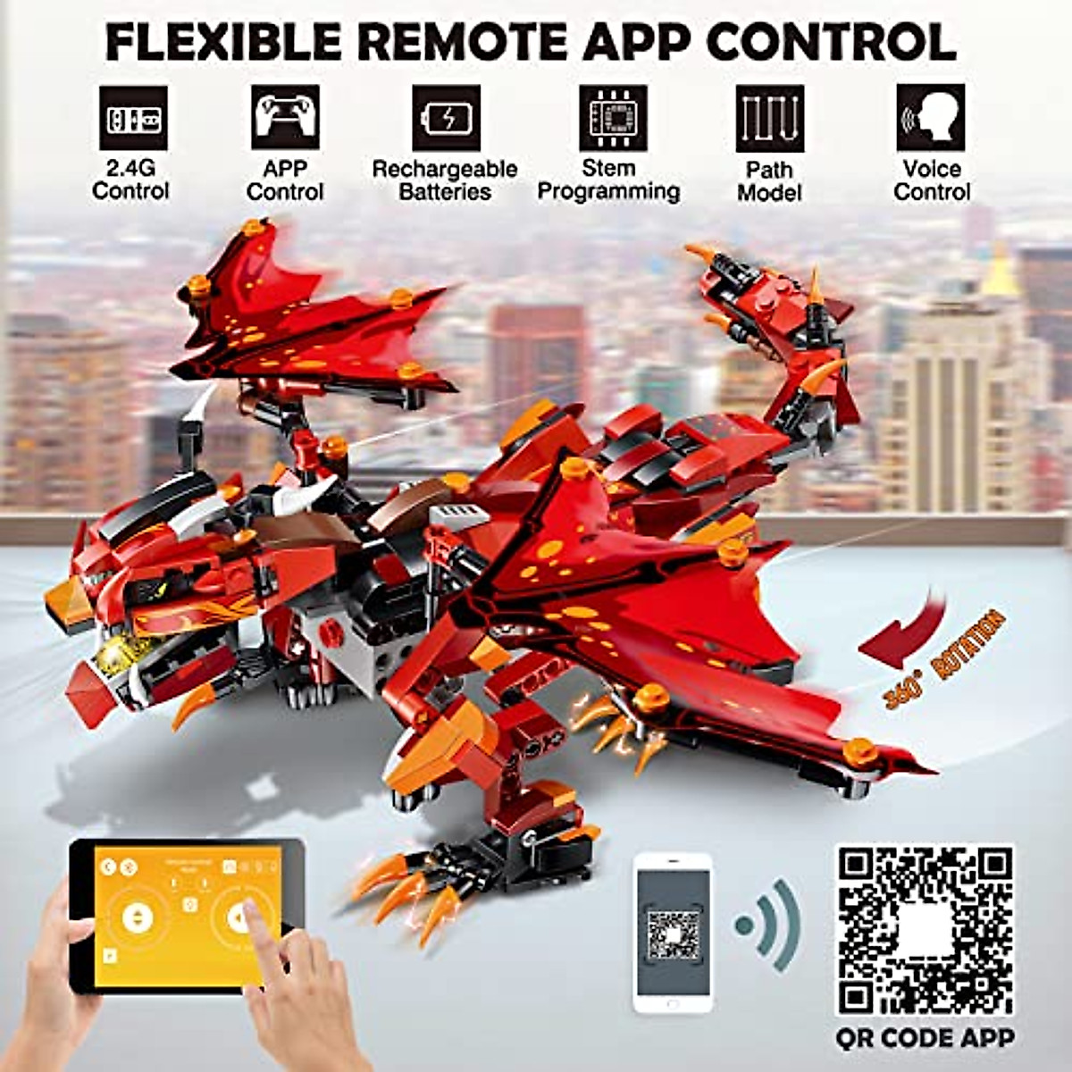 HOGOKIDS Remote & APP Controlled Dragon Building Set - STEM Projects for Kids Ages 8-12 Rechargeable Fire Dragon Kit Gift for Boys Girls 8 9 10 11 12 13 14+ Years Old New 2022 (485 Pieces)