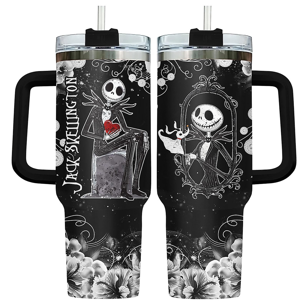 GEPOSTORE Christmas Gifts for Movie Lovers, Black Jack Skeleton 40 oz Tumbler with Handle and Straw, Nightmare Before Movie Cup, Movie Character Mug, Gifts for Men Women on Christmas, Halloween