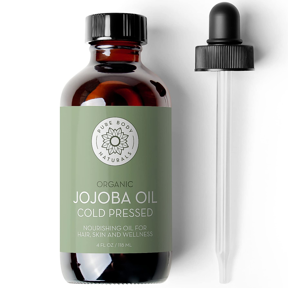 Pure Body Naturals Organic Jojoba Oil, 4 Fl Oz - 100% Pure, Organic, Cold Pressed Jojoba Oil for Skin, Face, Nails and Hair Growth - Carrier Oil for Mixing Essential Oils