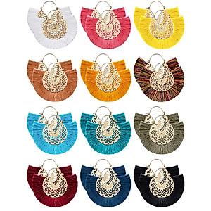 12 Pairs Statement Tassel Earrings Hoop Tassel Earrings Bohemian Geometric Handmade Earrings for Women(Stylish Style)