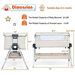 BABY JOY Baby Bassinet, Portable Bassinet Bedside Sleeper w/Mattress, Carrying Bag, Storage, Mesh, Built-in Wheel, Adjustable Height/Angle, Folding Crib for Newborn Infant, Bedside Bassinet, Beige