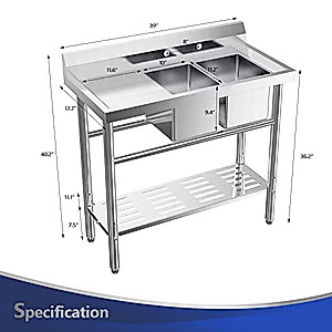 VINGLI 39" W 2 Compartment Commercial Sink with Drainboard, Double Basin Sink and A Shelf Underneath, 304 Stainless Steel Table with Sink, Freestanding Utility Sink and Countertop for Restaurant, Shop