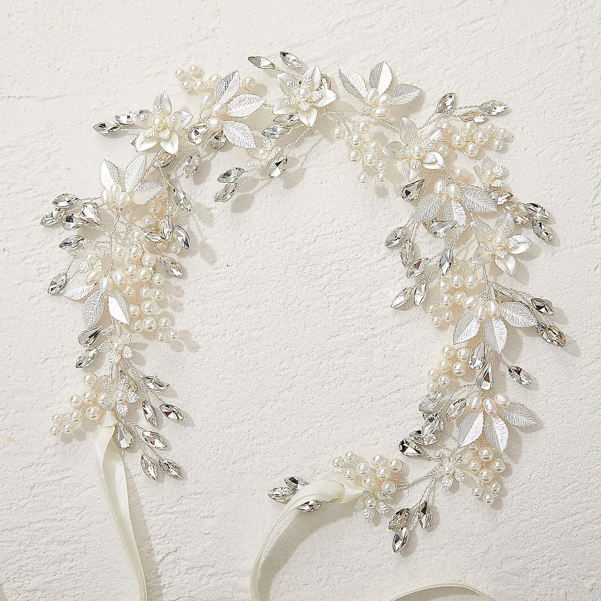 SWEETV Handmade Rhinestone Wedding Headband Flower-Leaf Bridal Headpieces for Wedding Pearl Hair Accessories (Silver)