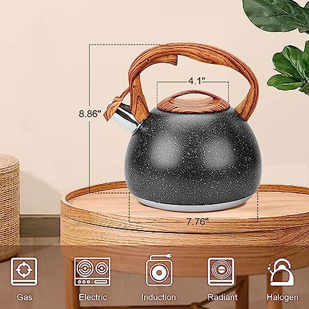 KIAADSY Tea Kettle, 3L Whistling Tea Kettle Stovetop, Tea Pots for Stove Top Food Grade Stainless Steel with Wood Pattern Handle, Graphite Gray Teapot