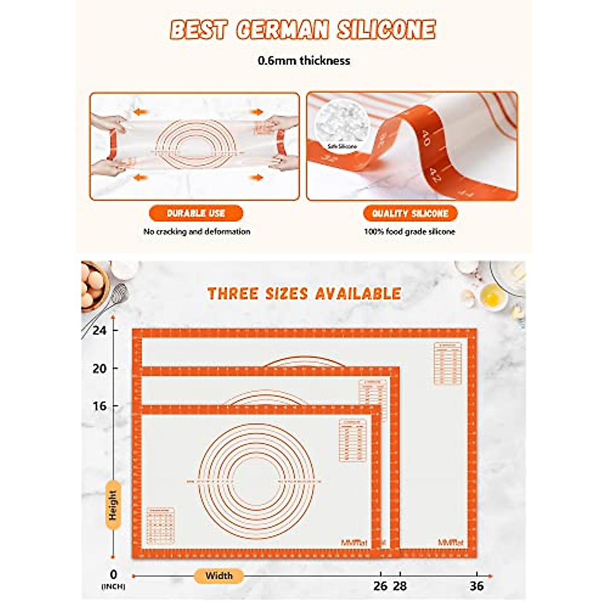 MMmat Silicone Pastry Mat, Extra Large Non-slip Silicone Baking Mat with Measurements, Counter Mat, Dough Rolling Mat, Fondant and Pie Crust Mat, (36 x 24 IN) 36'' By 24''