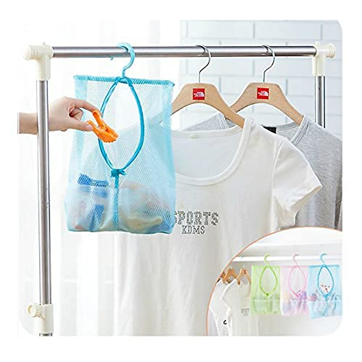 FASANIY Clothespin Bag Hanger Hanging Multipurpose Storage Mesh Colorful Organizer Closet Rack Clothes Clip Collection (Fresh Green (1pc) + Pretty Pink (1pc) + Breezy Blue (1pc))