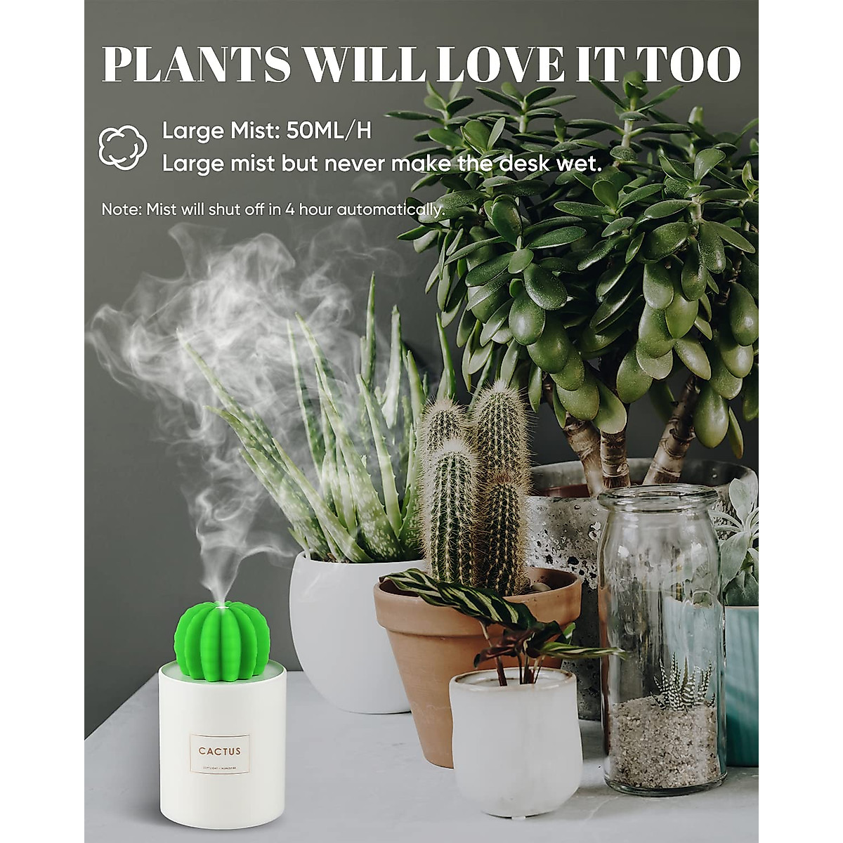 ONUEMP Cactus Humidifiers with Night Light, Mini Cool Mist Humidifier 280ml USB Portable Air Diffuser, Auto Shut-off, Gift for Christmas, Valentines, for Bedroom, Baby, Travel, Desktop, Home, Office