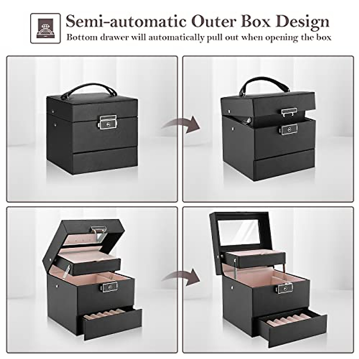 ProCase Jewelry Box for Girl Women Traveling, Ideal Gift Small 3 Layers Jewelry Organizer Display Storage Holder Case with Mirror Lock for Earrings Rings Necklaces Bracelets -Black