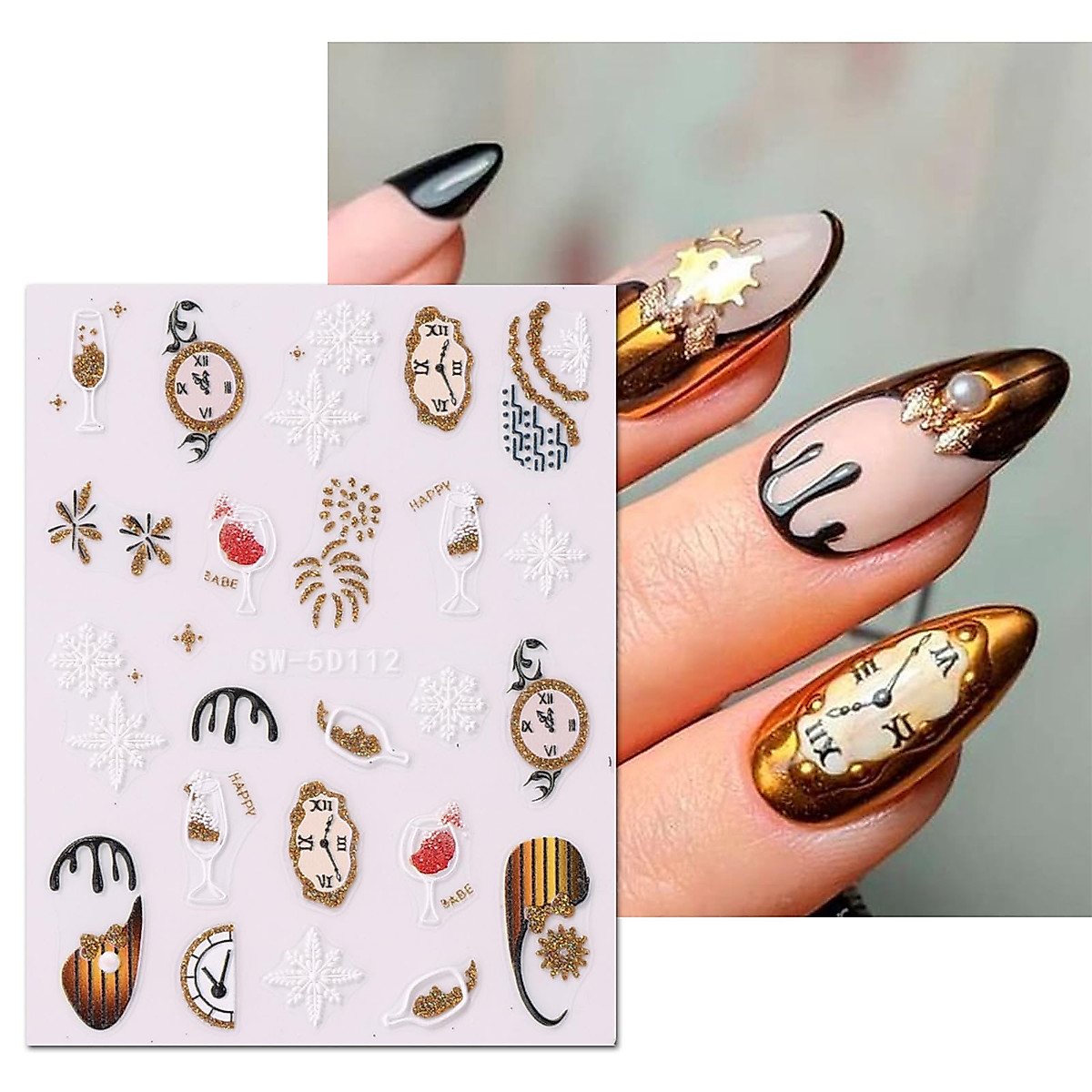 JMEOWIO 6 Sheets 3D Embossed Glitter Christmas Nail Art Stickers Decals Self-Adhesive Pegatinas Uñas 5D Snowflake New Year Xmas Winter Holiday Nail Supplies Nail Art Design Decoration Accessories