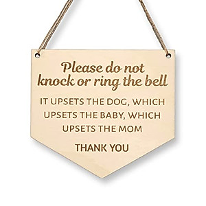Baby sleeping sign for front door - Please do not knock or ring the bell, it upsets the dog, which upsets the baby, which upsets mom - Do not ring doorbell sign Size 6 x 5.5 (inches), Brown
