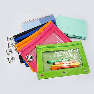 MINI LOP 3 Ring Binder Pencil Pouches, Pencil Pouch for 3 Ring Binder, Zippered Clear Window Pencil Case for Binder with Rivet Enforced Hole 3 Ring, 5 Packs