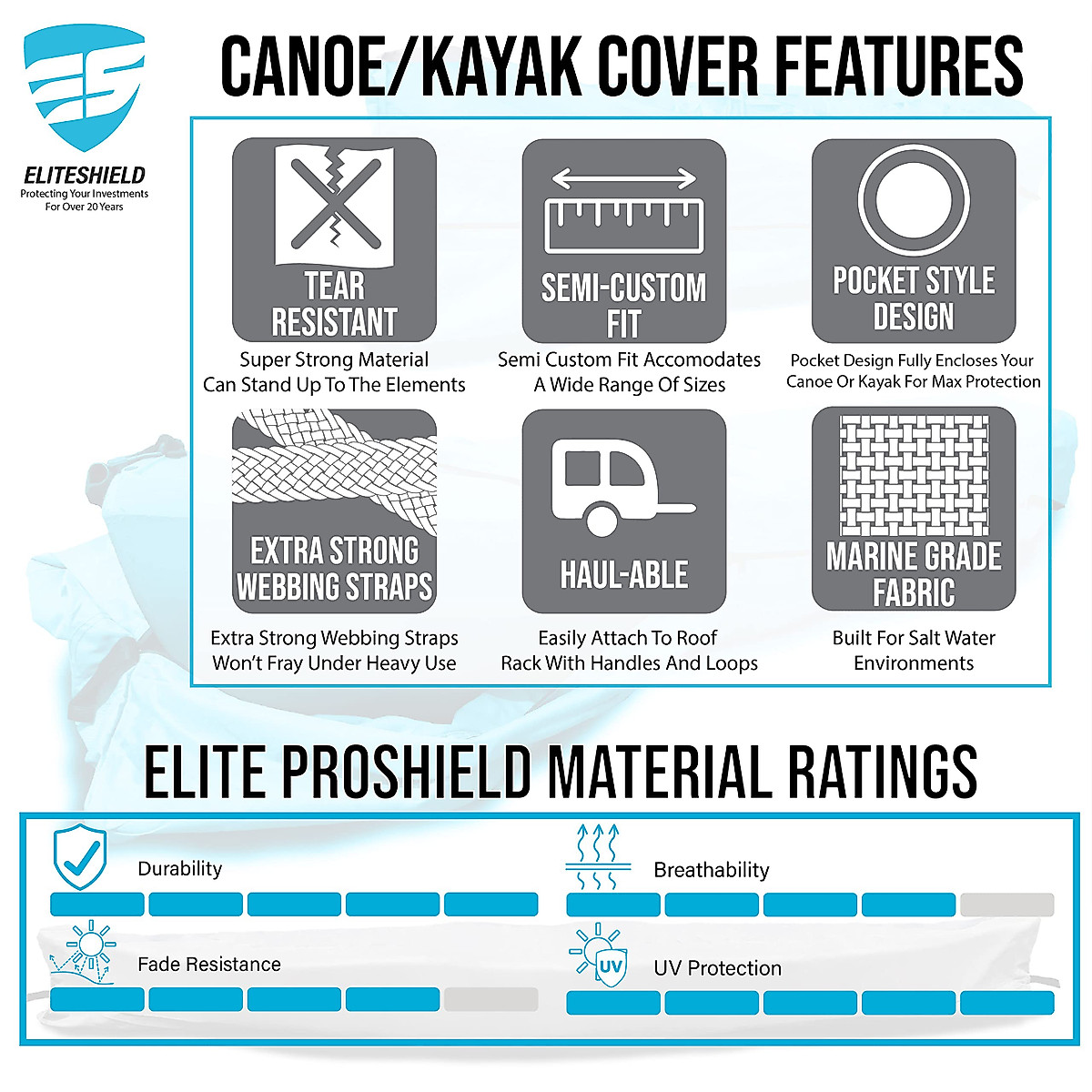 EliteShield Canoe Cover Kayak Cover; Waterproof UV Resistant Marine Grade Polyester Canoe Kayak Boat Storage Cover fits 15 ft-16 ft Long, 116 Inches Girth Gray Color
