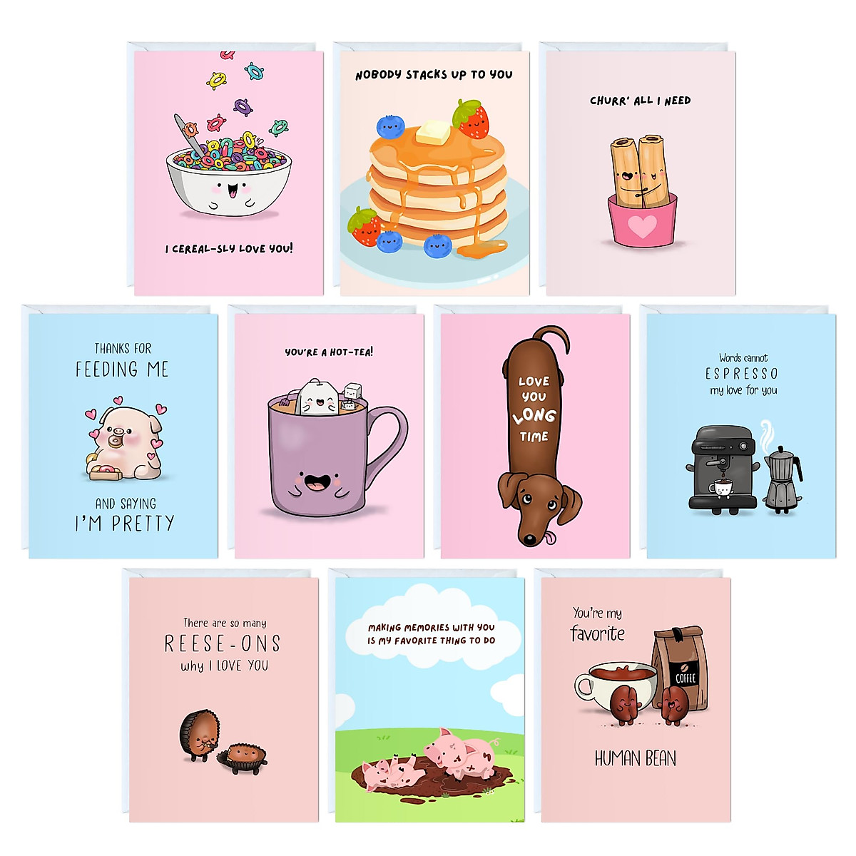ALY LOU Cute Anniversary Card, Birthday Card for Her Him/Girlfriend Wife/Husband Boyfriend, Friendship Thank You Kawaii Greeting Card (10 CARDS - Boxed Set of 10 Cards - Cute/Funny)