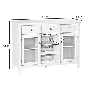 HOMCOM Coffee Bar Cabinet with 3 Drawers, 6-Bottle Wine Rack, Stemware Racks, Glass Door, Sideboard Buffet Cabinet, Wine Cabinet, White
