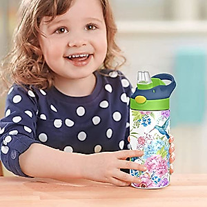 Flower Birds Kids Water Bottle with Straw Lid - 12 oz Double Wall Vacuum Insulated Stainless Steel Water Bottle Leak Proof Reusable Thermos for Toddlers, Girls, Boys