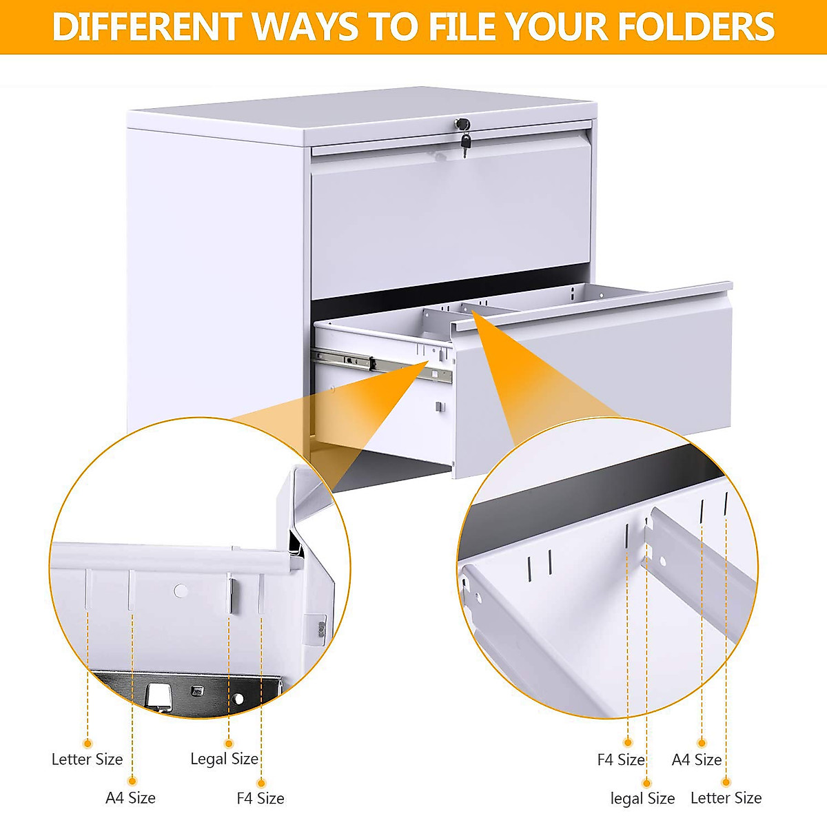 ModernLuxe File Cabinet, White Lockable Heavy Duty Metal Lateral File Cabinet with 2 Drawers