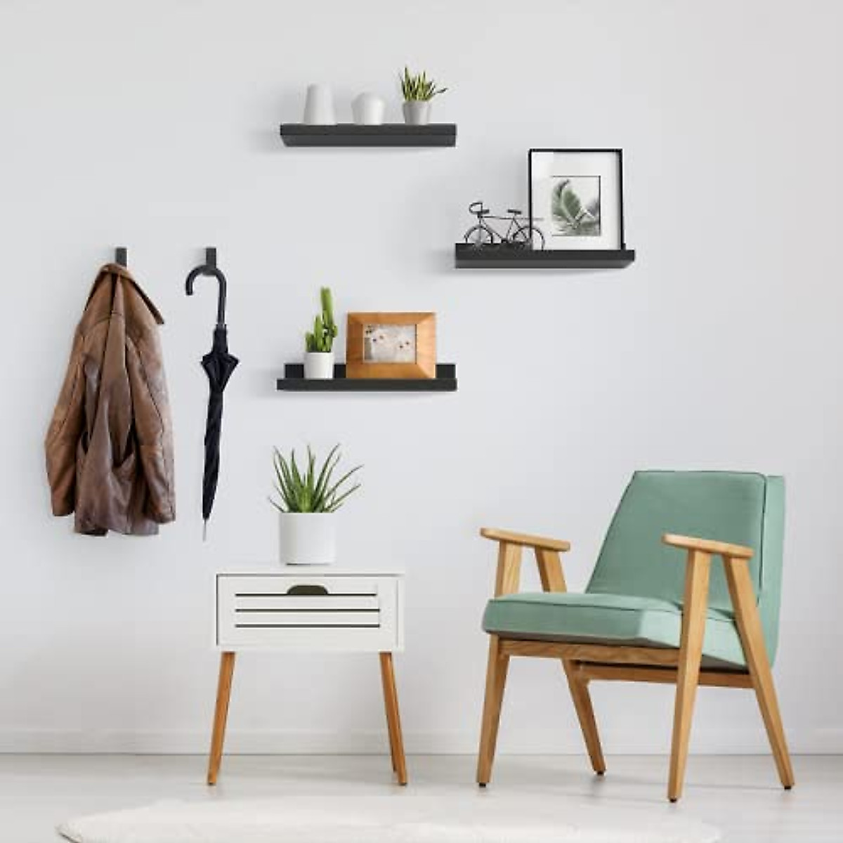 16 Inch Black Floating Shelves - Set of 3 Photo Ledge Wall Mounted Shelves with Invisible Brackets - Floating Shelves Black for Bedroom, Living Room, Bathroom, Kitchen, Office - 3 Different Sizes