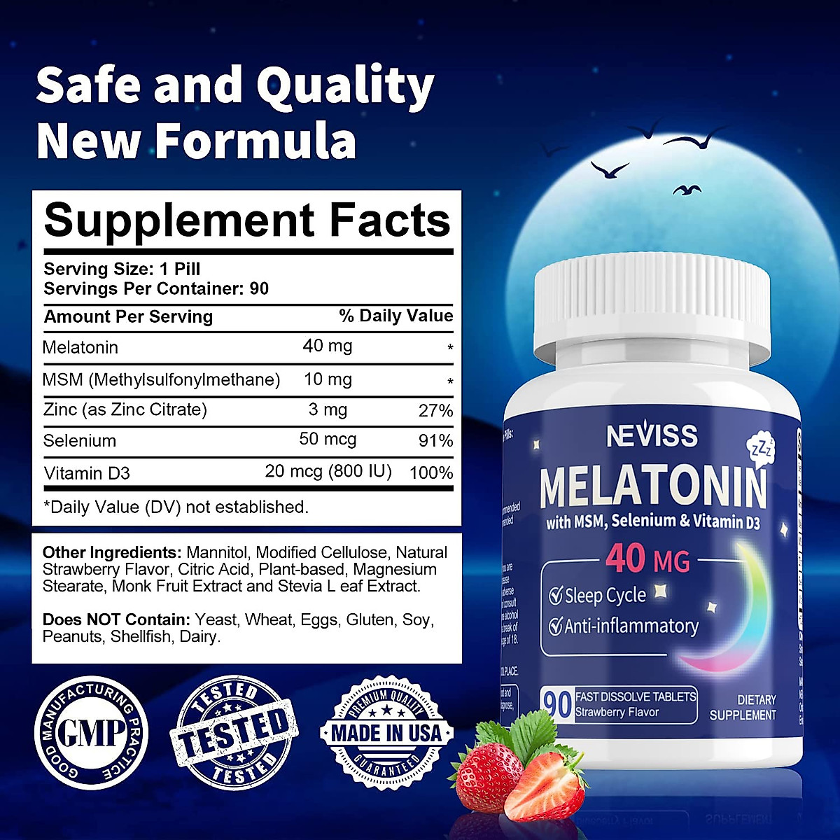 Melatonin 40 mg for Adults - Fast Dissolve & Chewable Sublingual Sleep Supplement - Extra Strength Melatonin with Vitamin D3 & MSM, Selenium for Health Rest Cycle, Deep Zzzs, Sugar-Free, 180 Servings