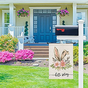 Hello Spring Bunny Floral Garden Flag 12×18 Inch Burlap Double Sided Outside, Seasonal Sign Yard Outdoor Decoration DF249